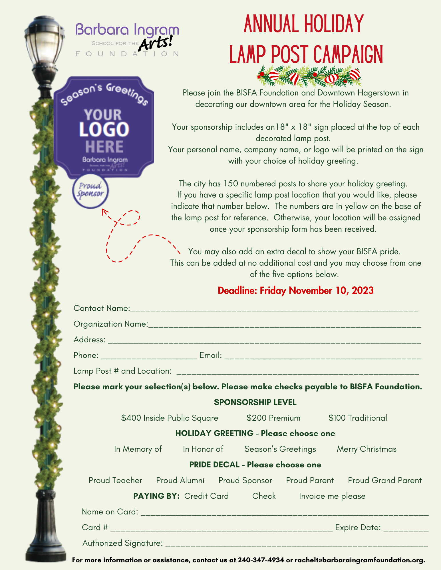 Lamp Post Campaign - BARBARA INGRAM SCHOOL FOR THE ARTS FOUNDATION